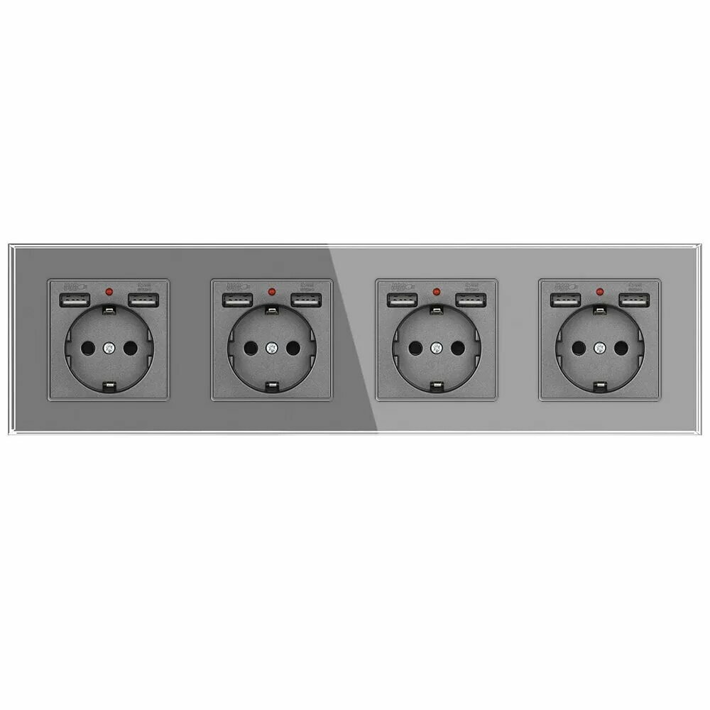 Розетка электрическая 4 поста, с Usb АА, рамка 295х82мм закаленное стекло, серый