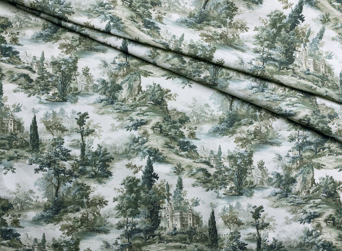 Ткань Джинса молочного цвета с зелёным принтом в стиле Жуи 12702