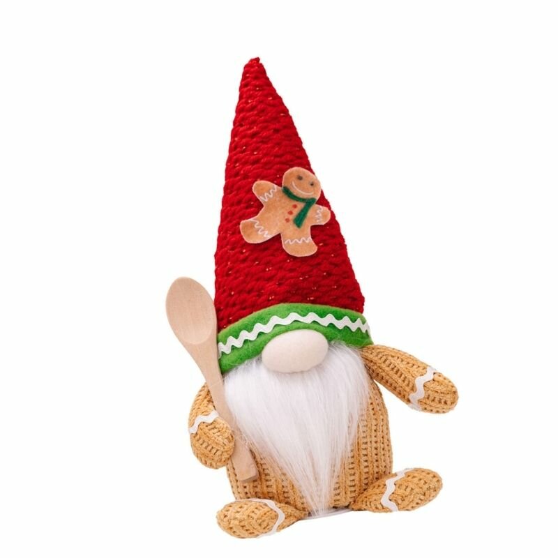 Рождественский безликий пряничный человечек с гирляндами, стоящий в позе украшения - держит деревянную ложку