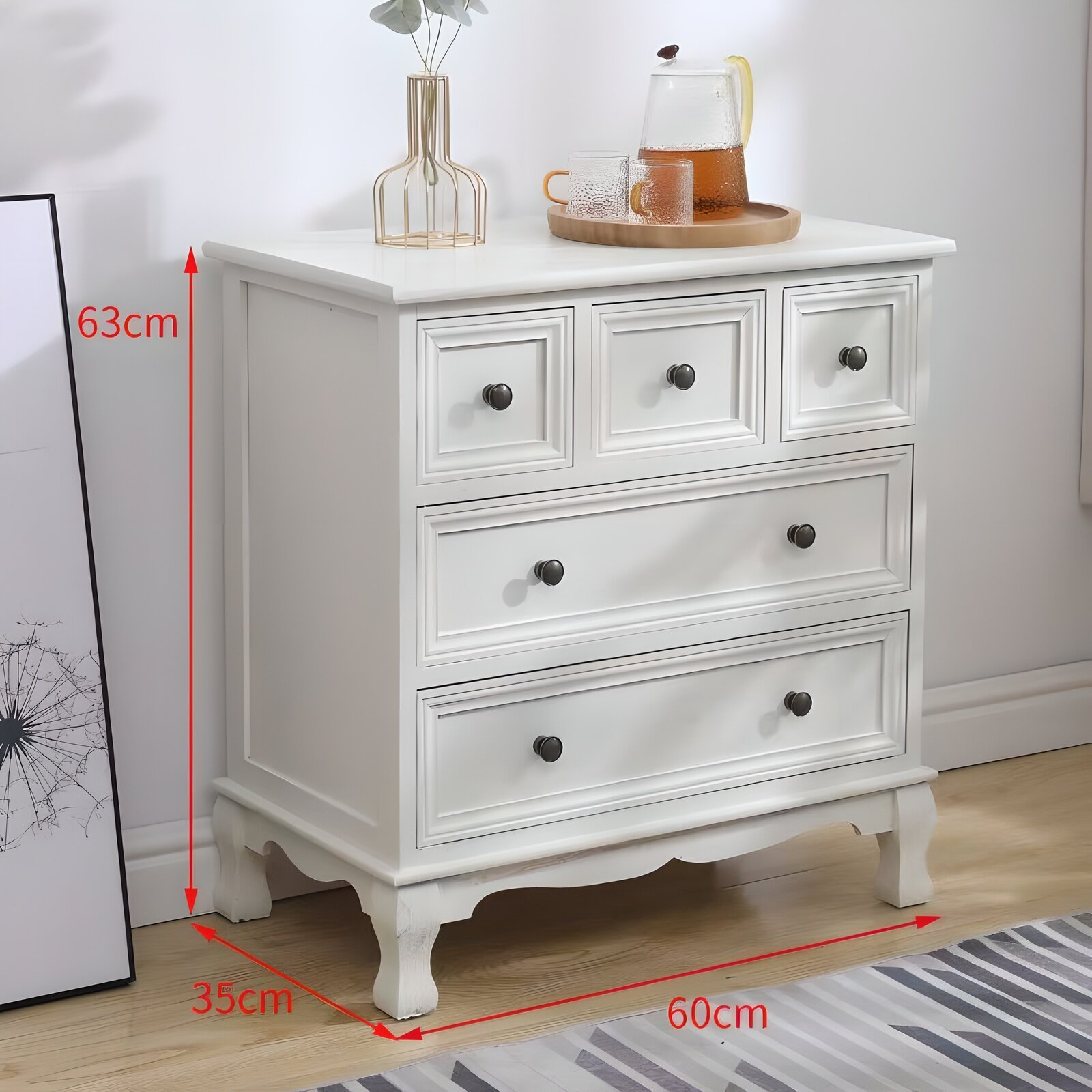 Комод "Белый", из натурального дерева, 5 ящиков, 60 см x 35 см x 63 см