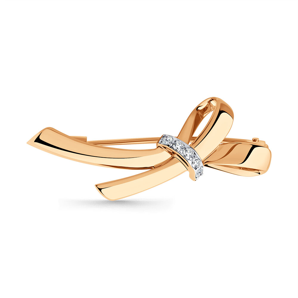 Брошь, золото, 585 проба, фианит