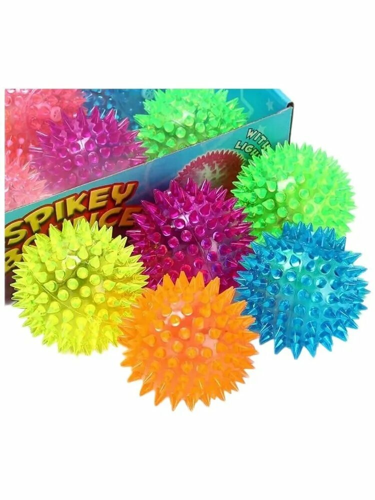 Детский массажный мячик 7.5 см с шипами, светящийся с пищалкой
