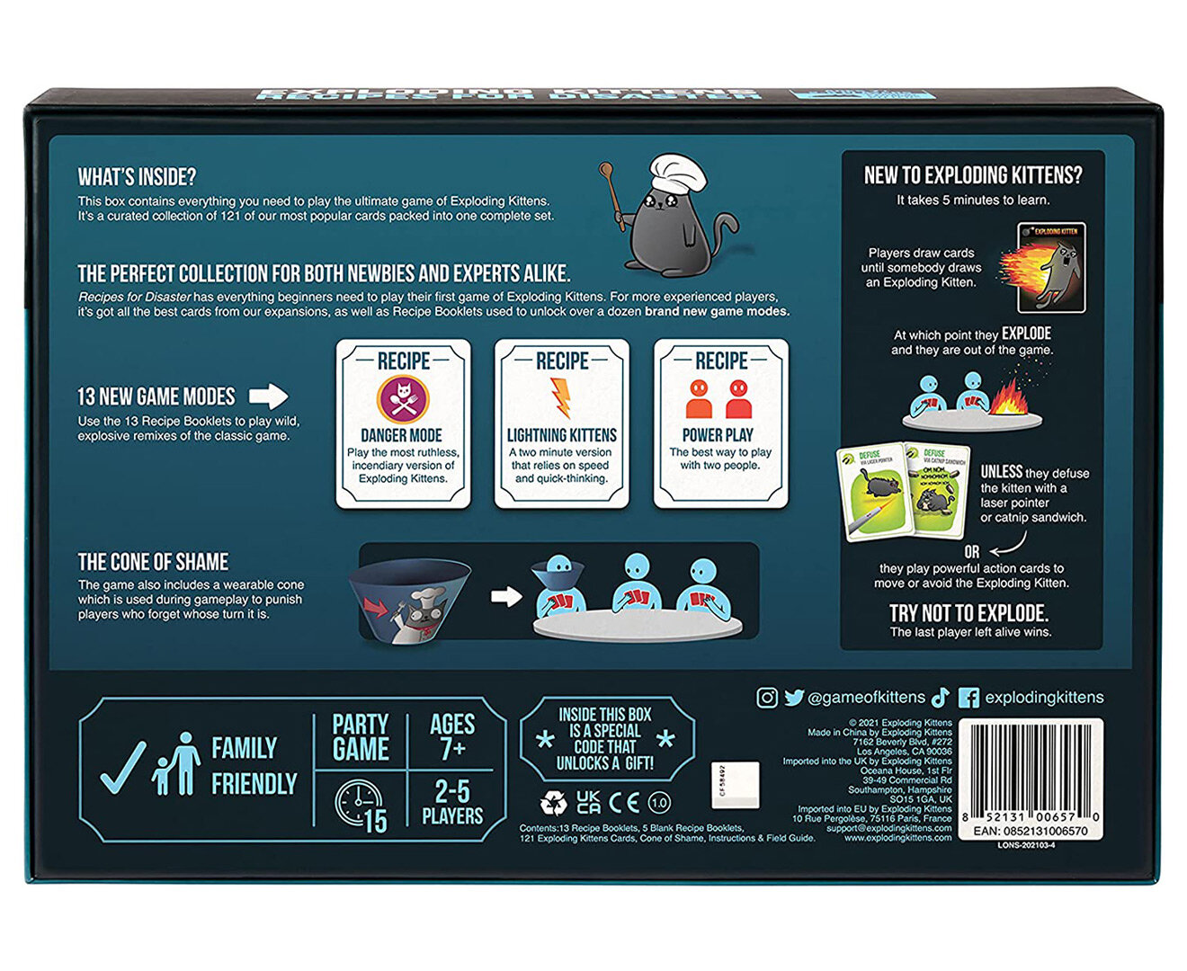 Расширение для игры в карты Exploding Kittens: Recipes For Disaster, 121 кард, 13 рецептов игры, для 2-5 игроков, возраст 7+ лет, включает wearable cone of shame, популярные карты из Exploding Kittens