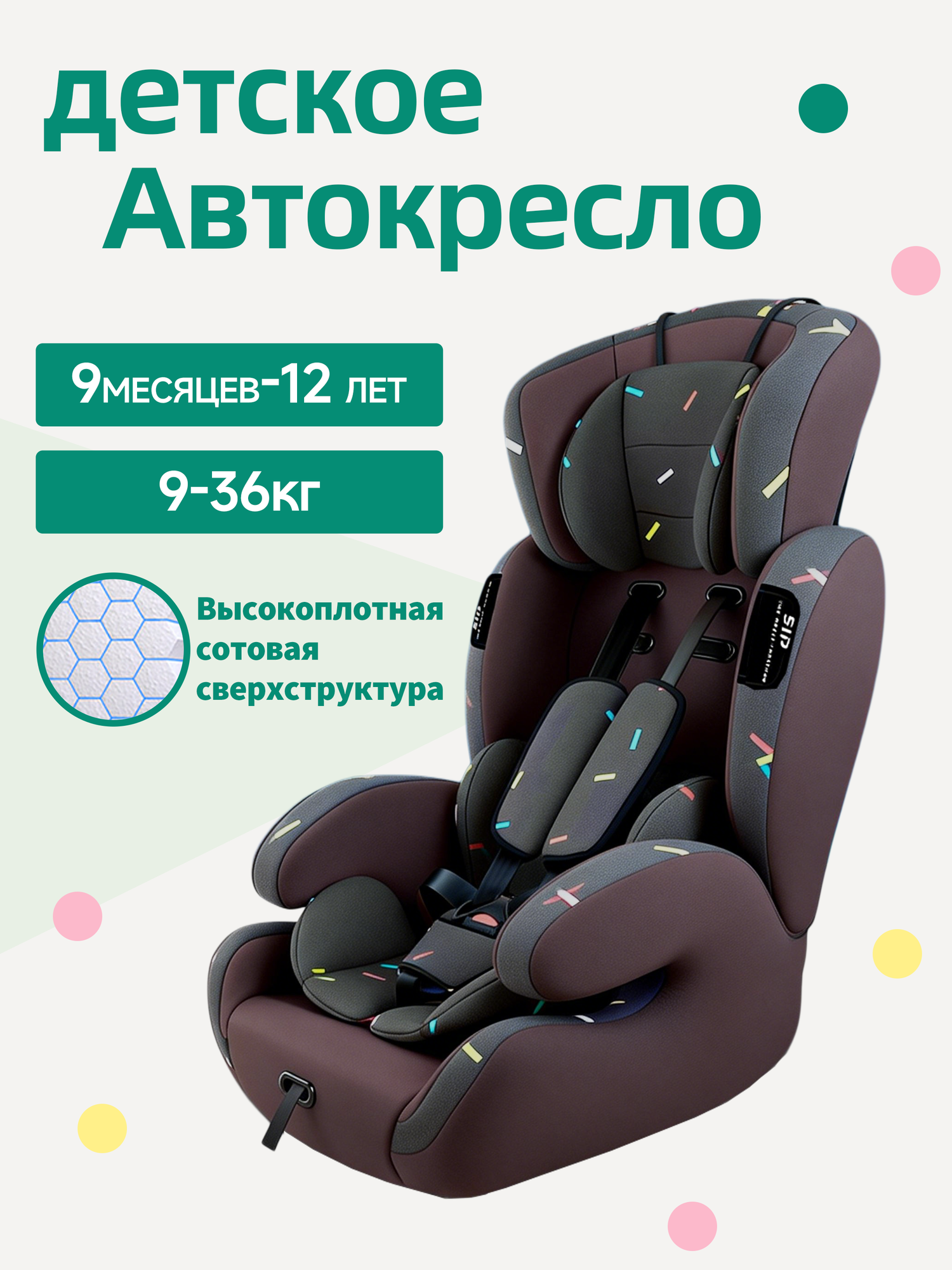 Детское автокресло 9-36 кг с пятиточечной пряжкой, дышащее ткань для детей от 9 месяцев до 12 лет.