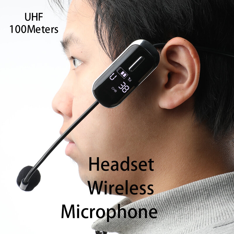 Беспроводной UHF микрофон-гарнитура с дальностью 50 м, стабильной передачей, временем работы 6 часов, умным дисплеем, поддержкой Plug-and-Play, совместимостью для лекций и экскурсий