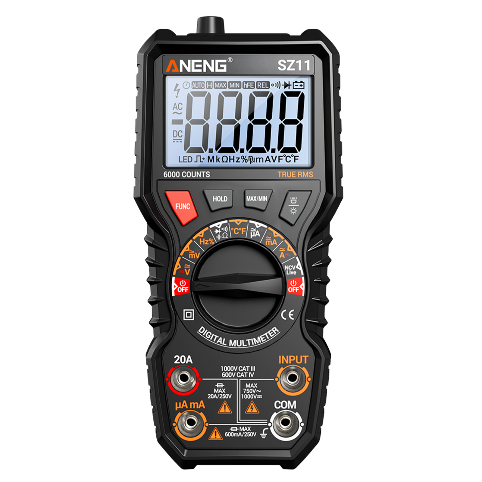 Мультиметр настенный ANENG SZ11 6000 счетчиков для измерения тока AC/DC, напряжения, сопротивления, емкости, частоты (Hz), температуры, проверки диодов, контinuитета, определения фазы и нейтрали, с NCV, экраном с подсветкой, весом 342г, материалом ABS