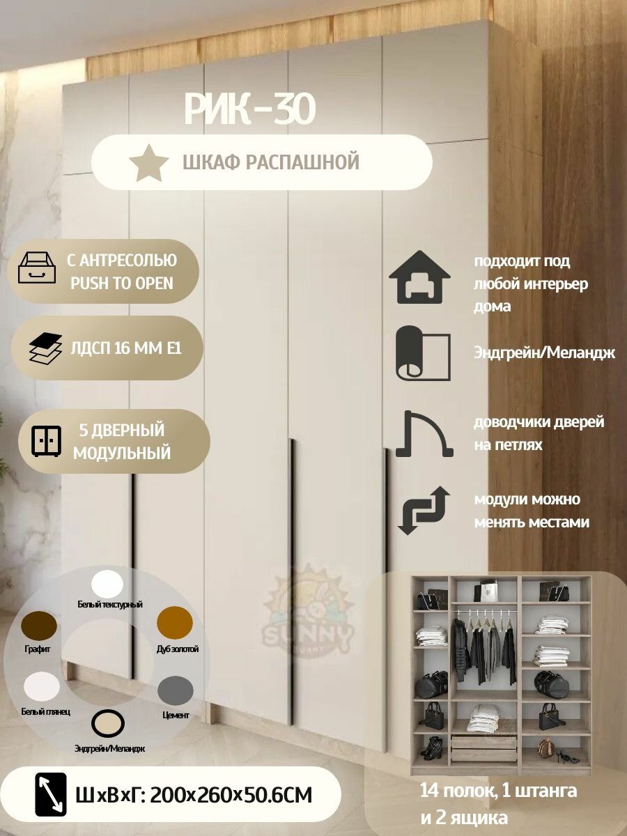 Шкаф распашной РИК 30, 5дв. модульный с антресолью, (Эндгрейн/Меланж) 260х200.1х50.6 см.