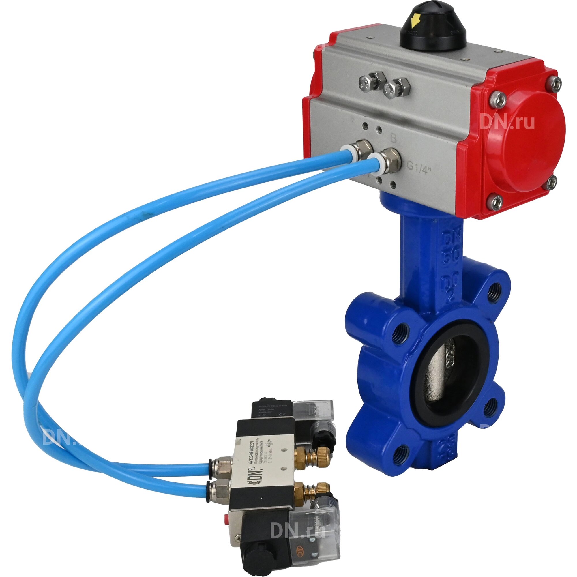 Затвор дисковый поворотный DN. ru QT450-QT450-NBR-2W-Fb-H Ду50 Ру16 корпус - чугун QT450, диск - чугун QT450, уплотнение - NBR, межфланцевый, с пневмоприводом SA-083 и пневмораспределителем PND1-S2EM-52-2-T08-220VAC