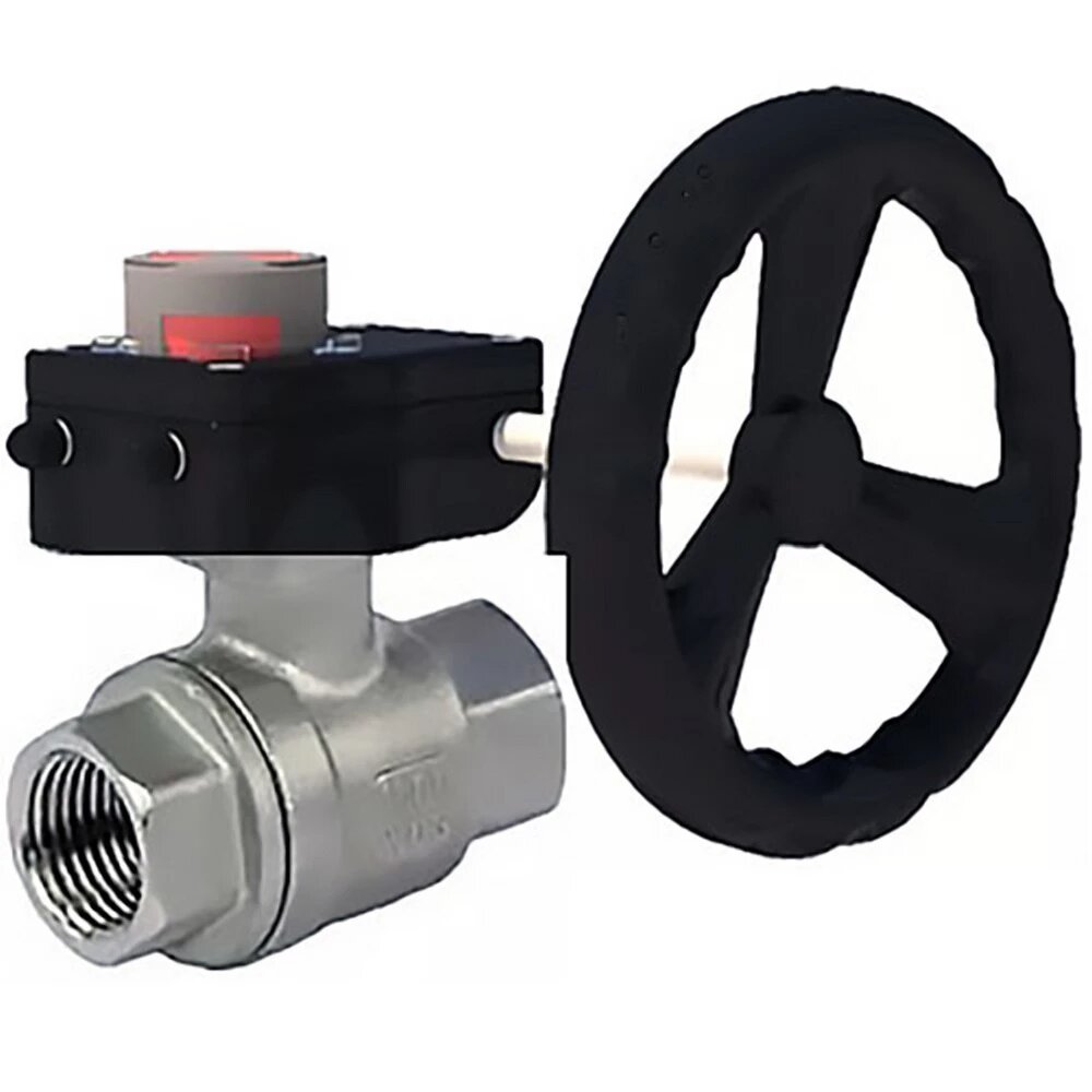 Кран шаровой DN.ru кшмп.316.230-ISO 3" Ду80 Ру40 полнопроходной двухходовой, нержавеющая сталь SS316, внутренняя резьба, уплотнение - PTFE, с редуктором DN. ru HGB-2