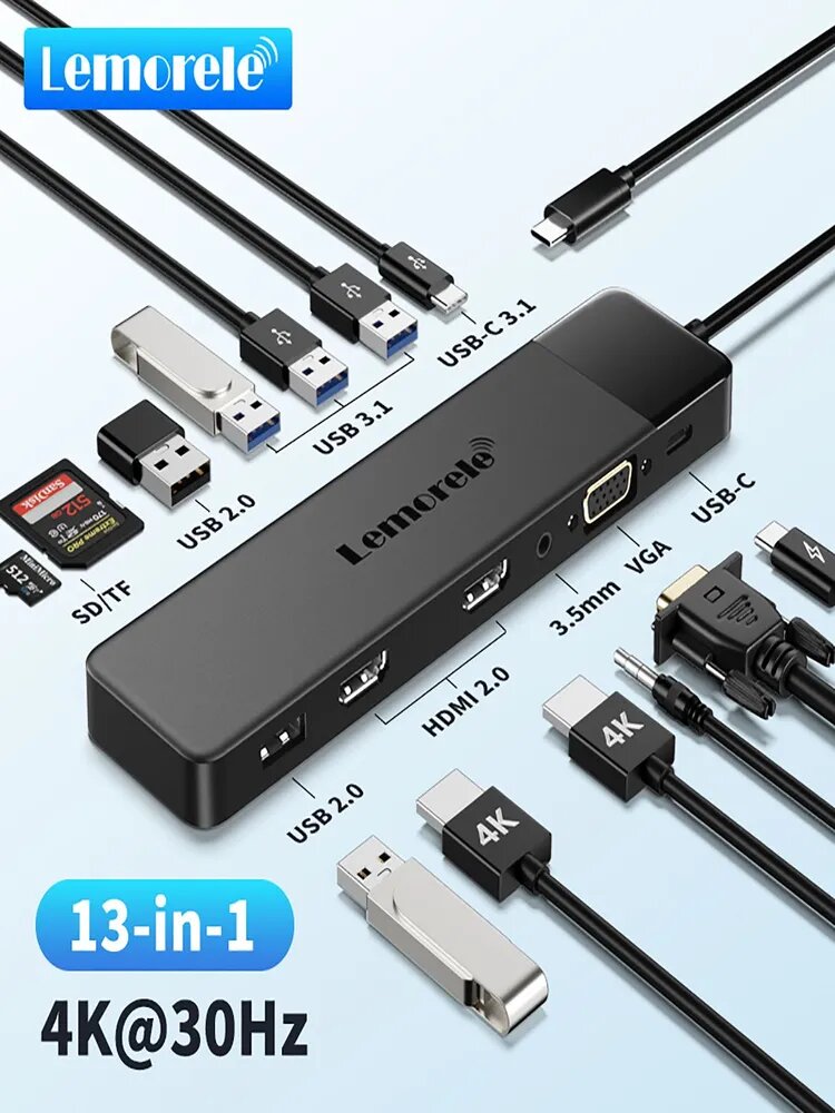 Док-станция расширения USB C 13 в 1 Lemorele TC200, подходящая для подключения трех мониторов, HDMI 4K, VGA, аудио 3.5 мм, USB C 3.0 планшета, проектора, компьютерной периферии и т. д