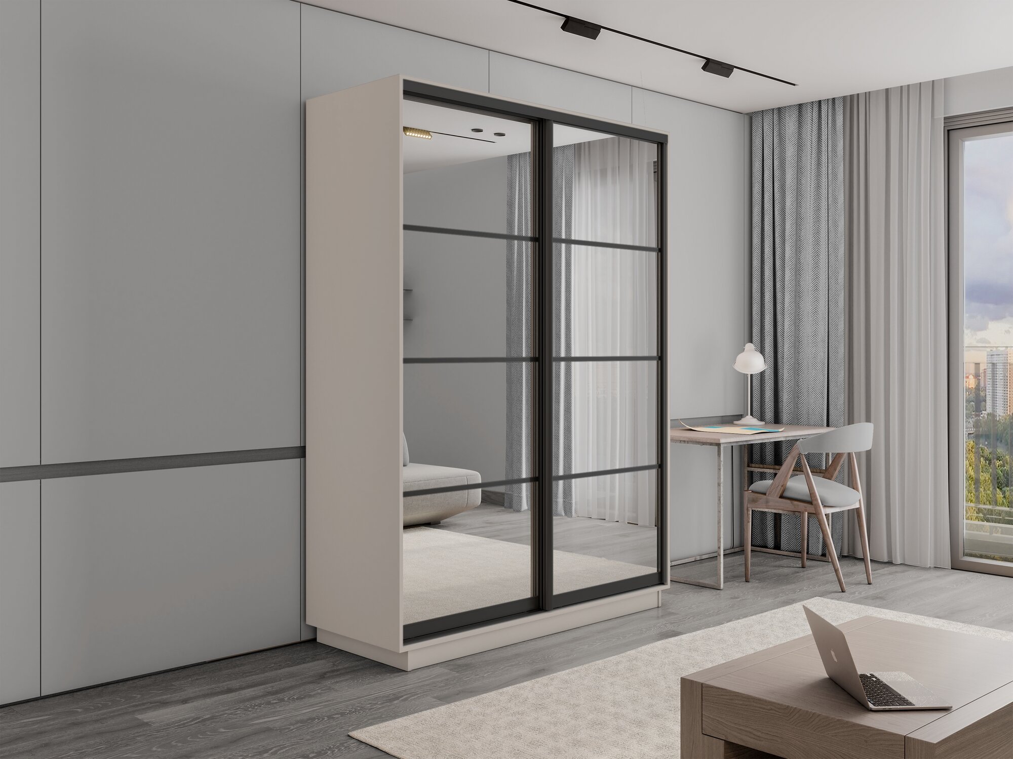 Шкаф-купе Вилли С4 2-х дверный, зеркальные двери, (черный профиль) 160х60х240 см. Кашемир