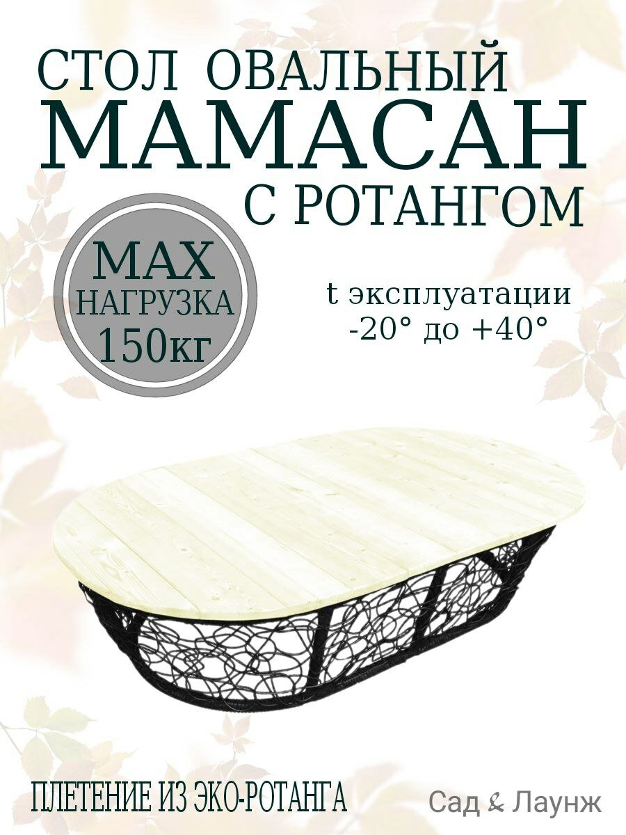 Стол для дачи овальный Мамасан: деревянная столешница, металл с ротанговым плетением, черный, 140×85×34 см