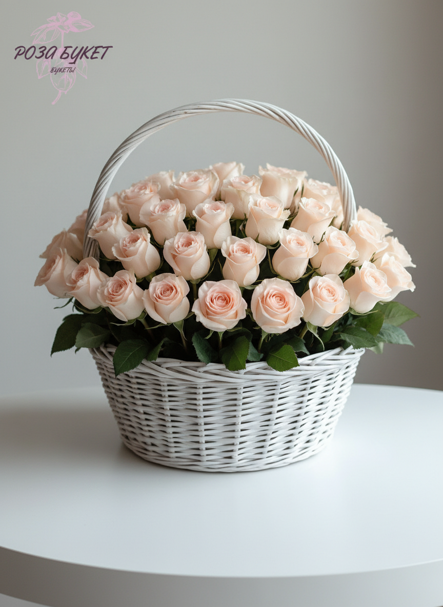 Букет цветов, букет из кремовых роз 51 шт в корзине, премиум цветы, премиум букет, плетая белая корзина, долгий букет