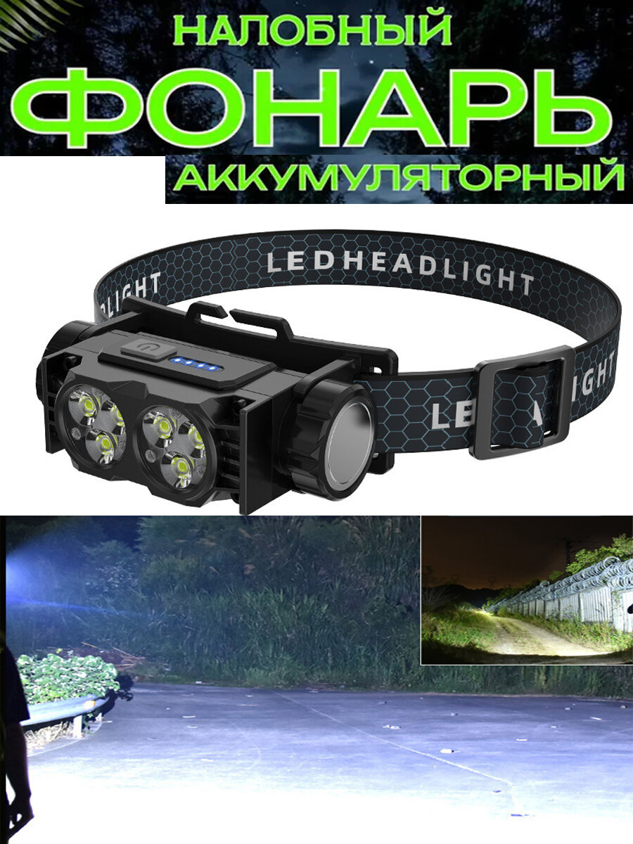 Светодиодный налобный фонарь 18650 мощный 1800Lm 3LED USB C перезаряжаемый фонарик