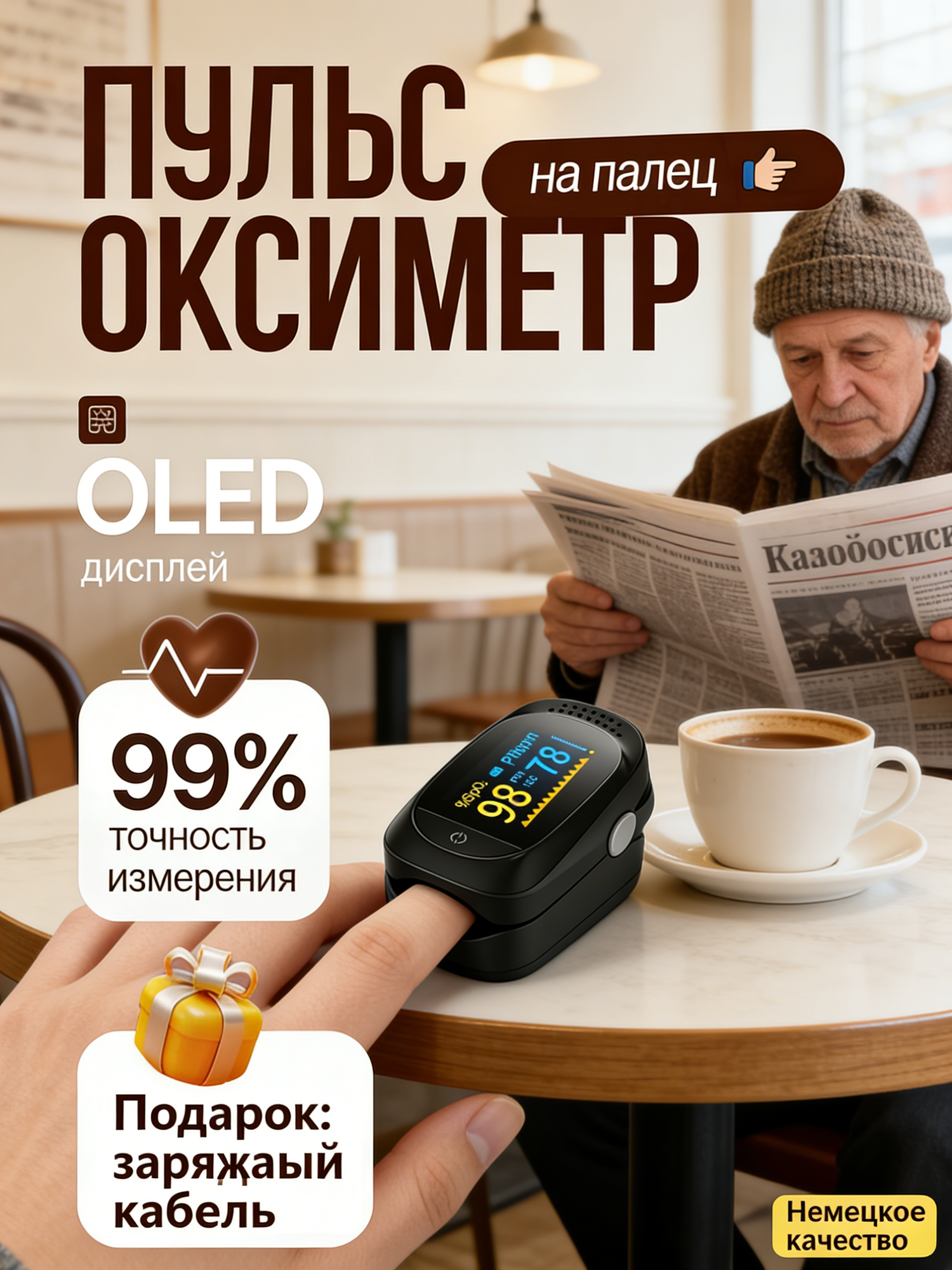 Пульсоксиметр, медицинский, на палец, чёрный, для всей семьи