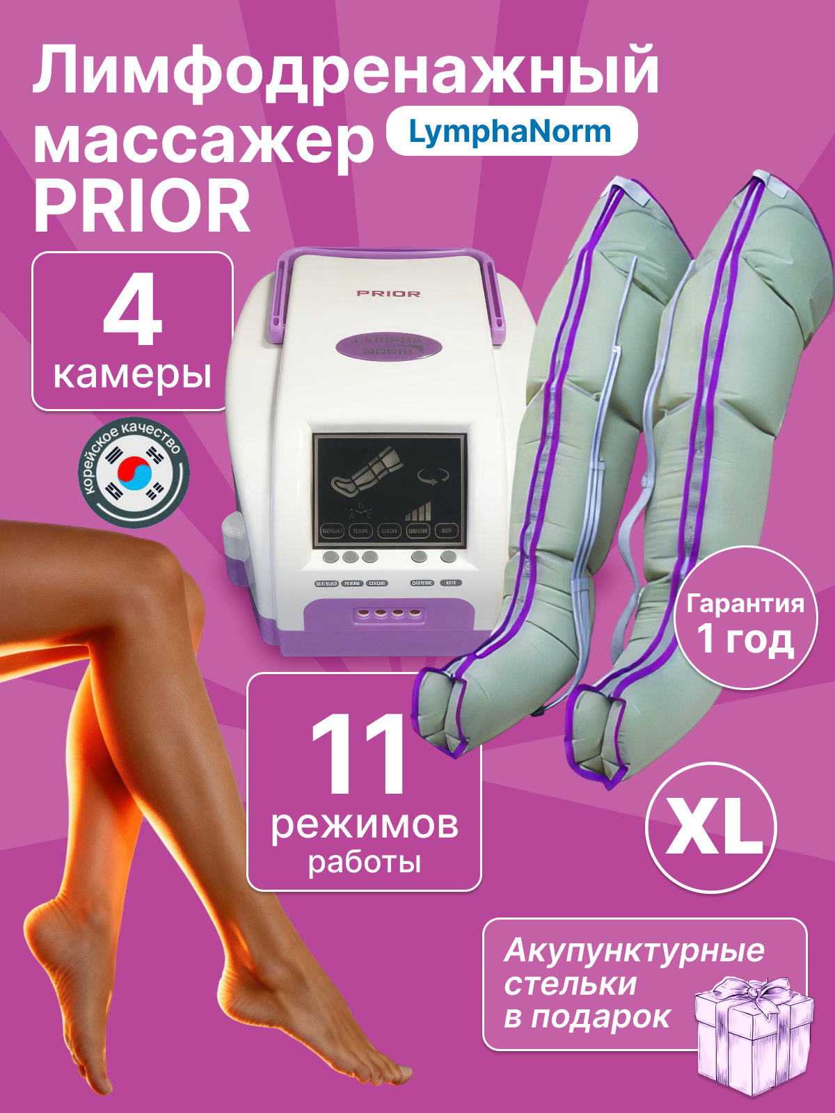 Лимфодренажный массажер электрический PRIOR + 2 манжеты для ног XL LymphaNorm для прессотерапии для дома