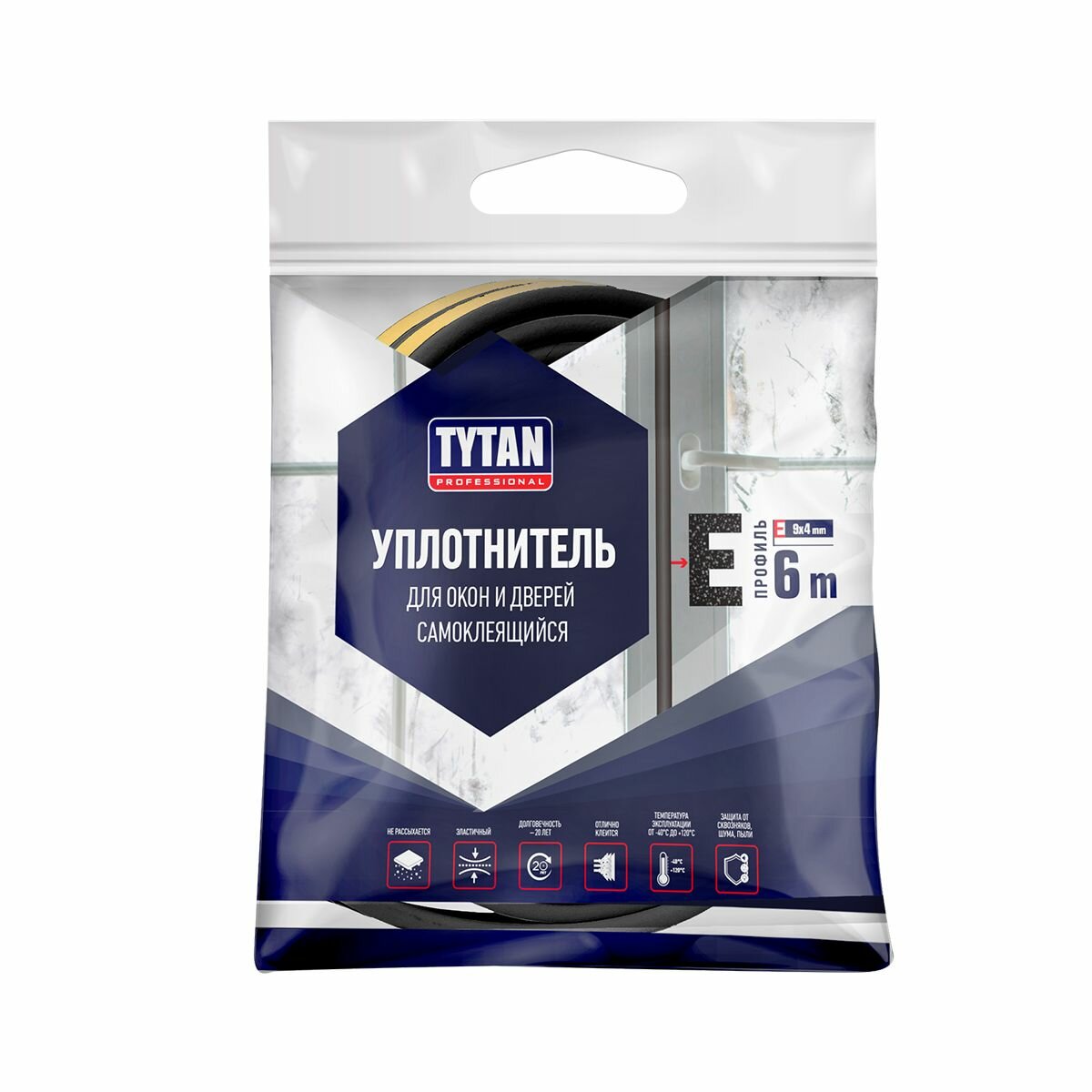 Уплотнитель для окон и дверей Tytan Е-профиль 9 x 4 мм, черный, 6 м, "Professional"