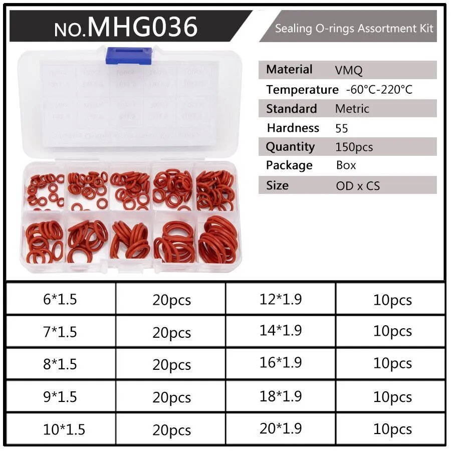 Уплотнительные колпачки, красный силикон, антиоксидант и устойчив к высоким температурам, 10 размеров, упаковка в коробке.