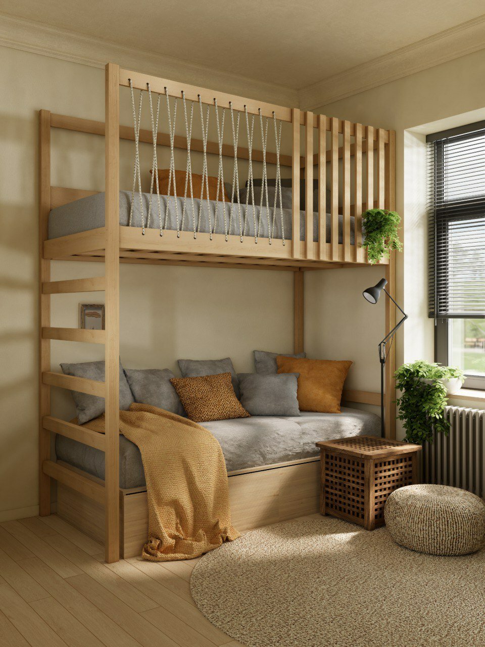 Кровать-чердак взрослая с канатным бортиком и рейками зонирования вход с левой стороны