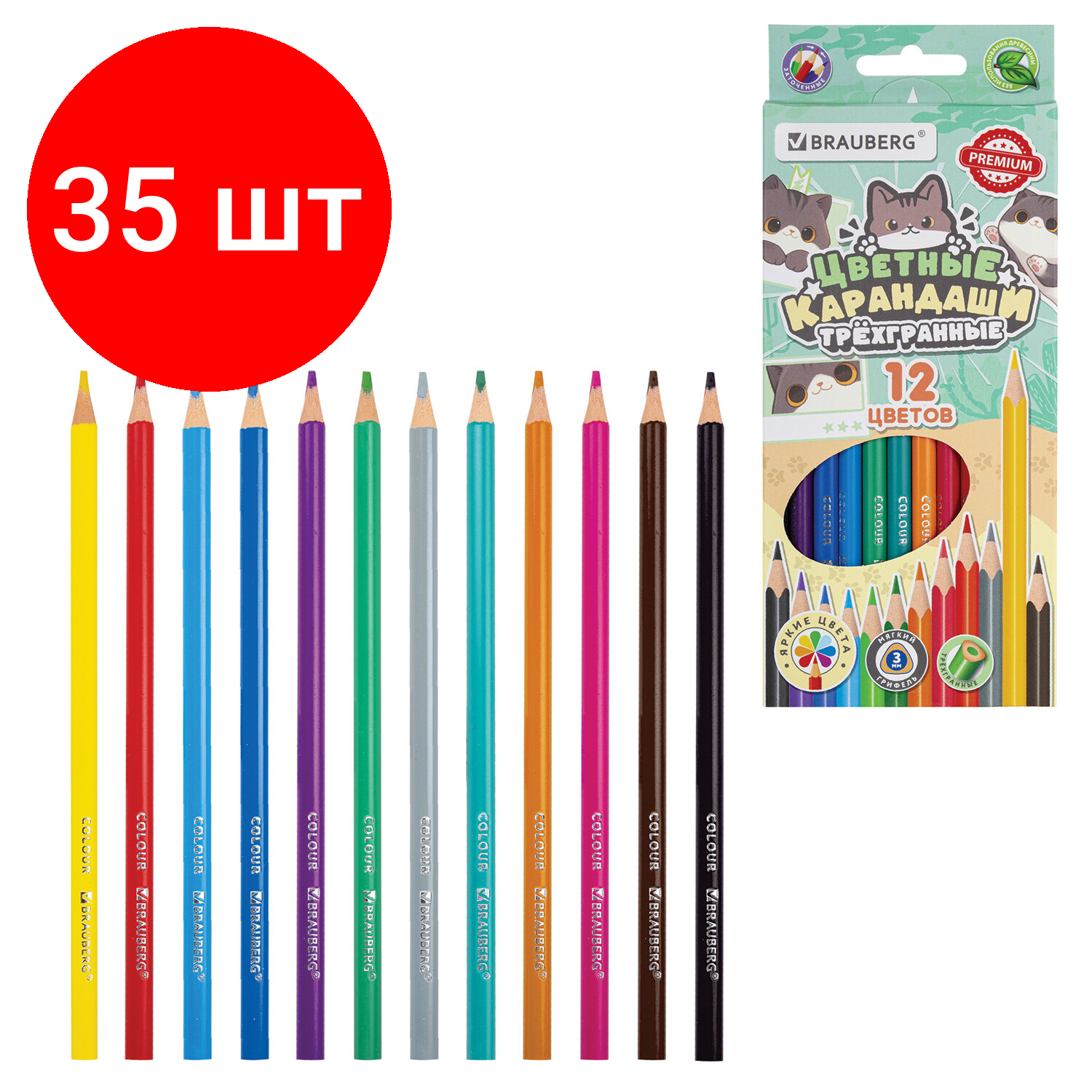 Комплект 35 шт, Карандаши цветные кросс-серия "милые коты", 12 цветов, трехгранные, BRAUBERG, 182109