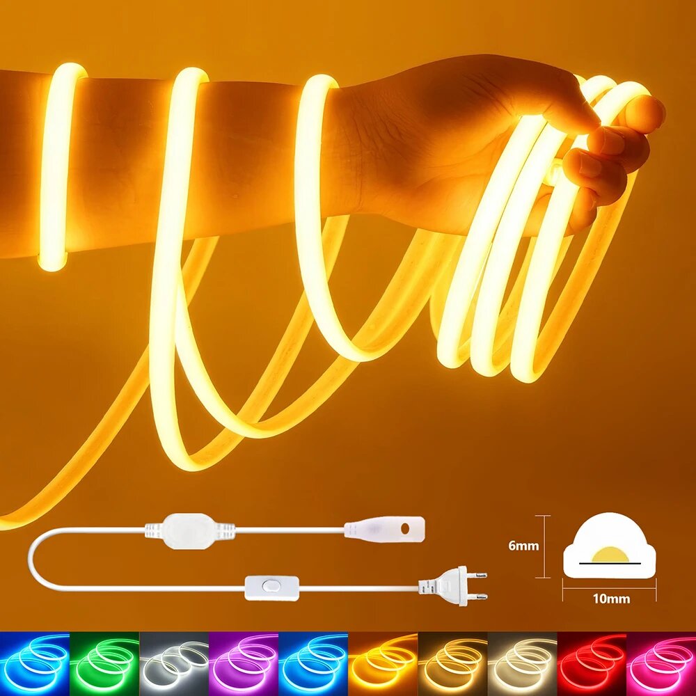 Переключатель 220 В COB LED Neon Strip EU Power Plug Kit Теплый Красный Синий Розовый Желтый Фиолетовый Свет 288LEDs Гибкая Трубка Лампа IP67 Домашний Декор