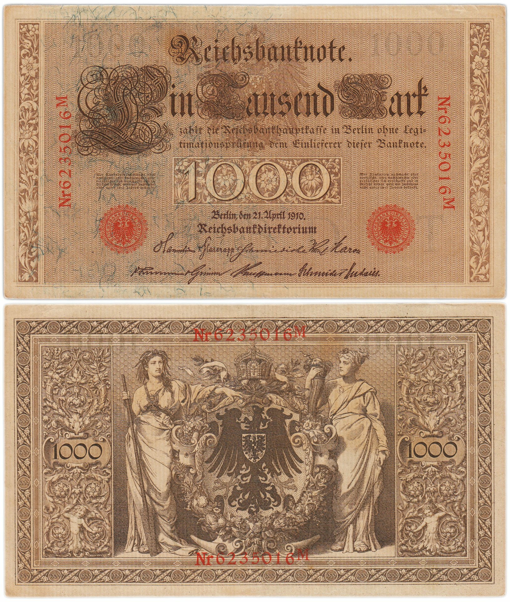 Германия 1000 марок 1910 красная печать