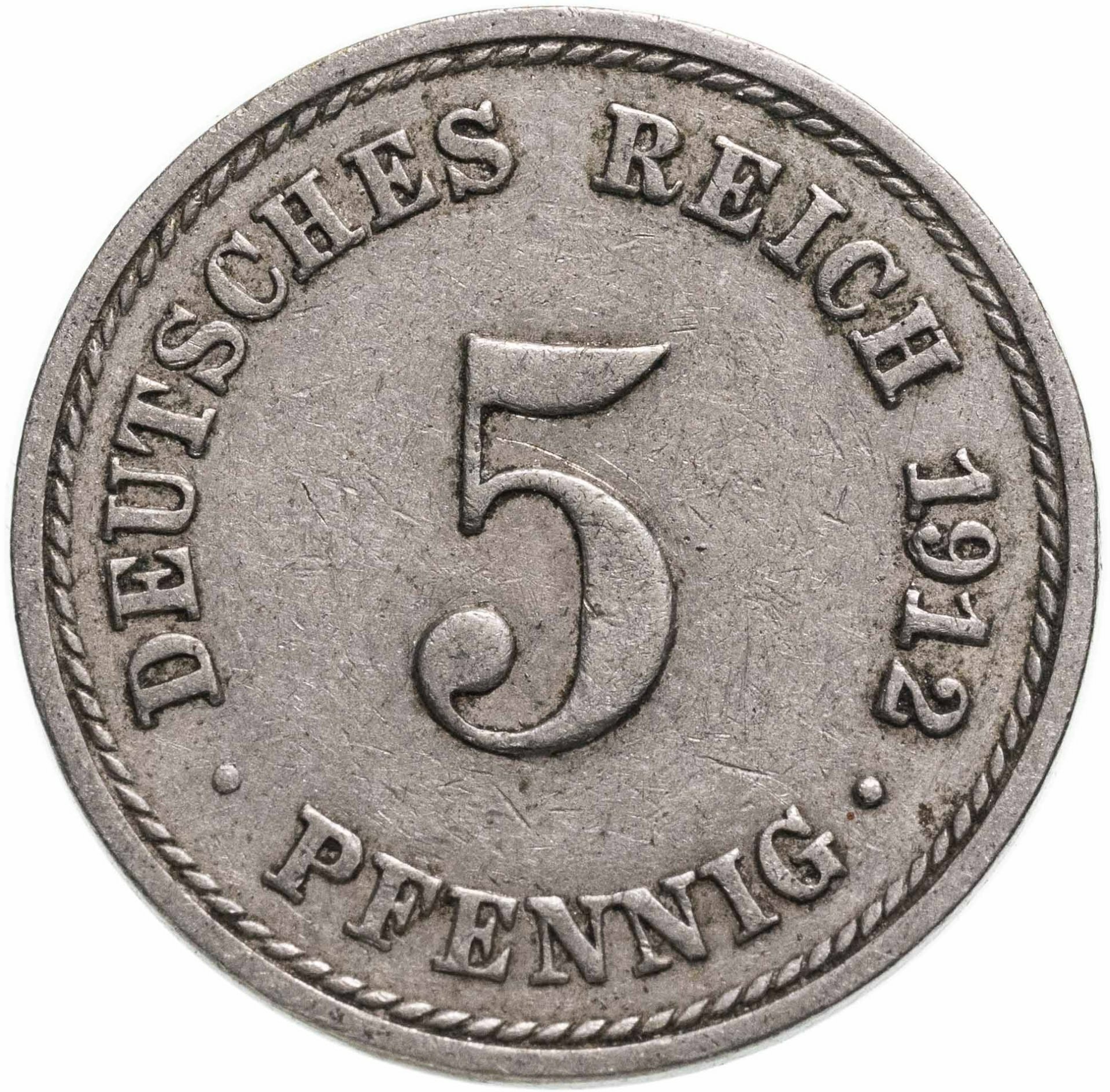 Германия 5 пфеннигов pfennig 1912 A знак монетного двора: "A" - Берлин, Никель, в сохранности XF
