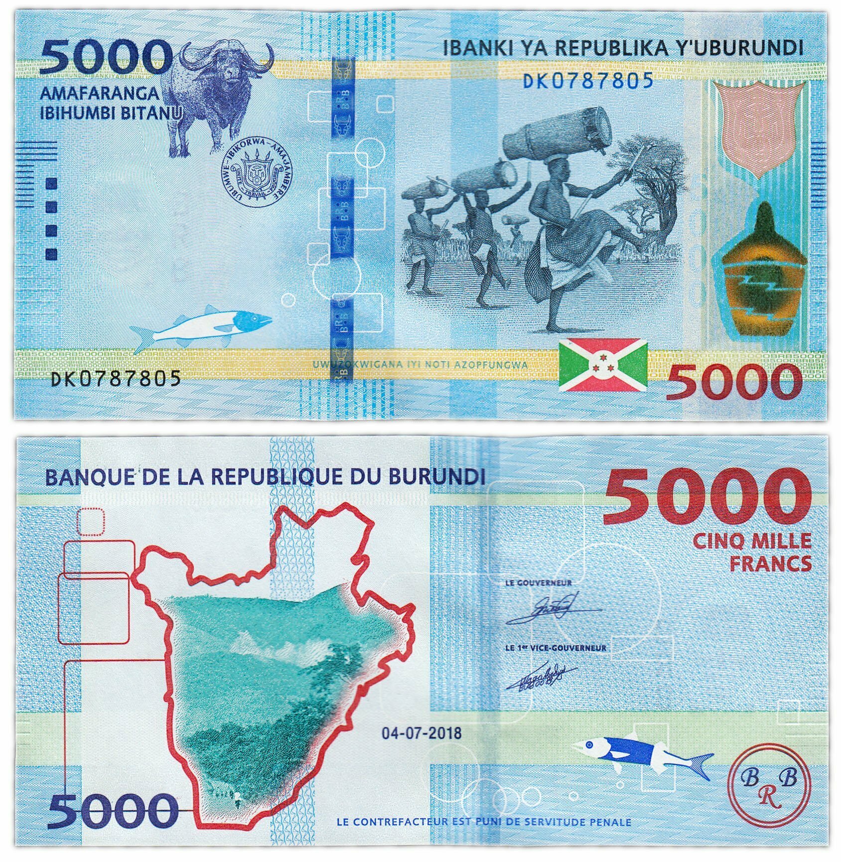 Бурунди 5000 франков 2018 год "Буйвол, танцоры с барабанами Сбор урожая" Pick 53а