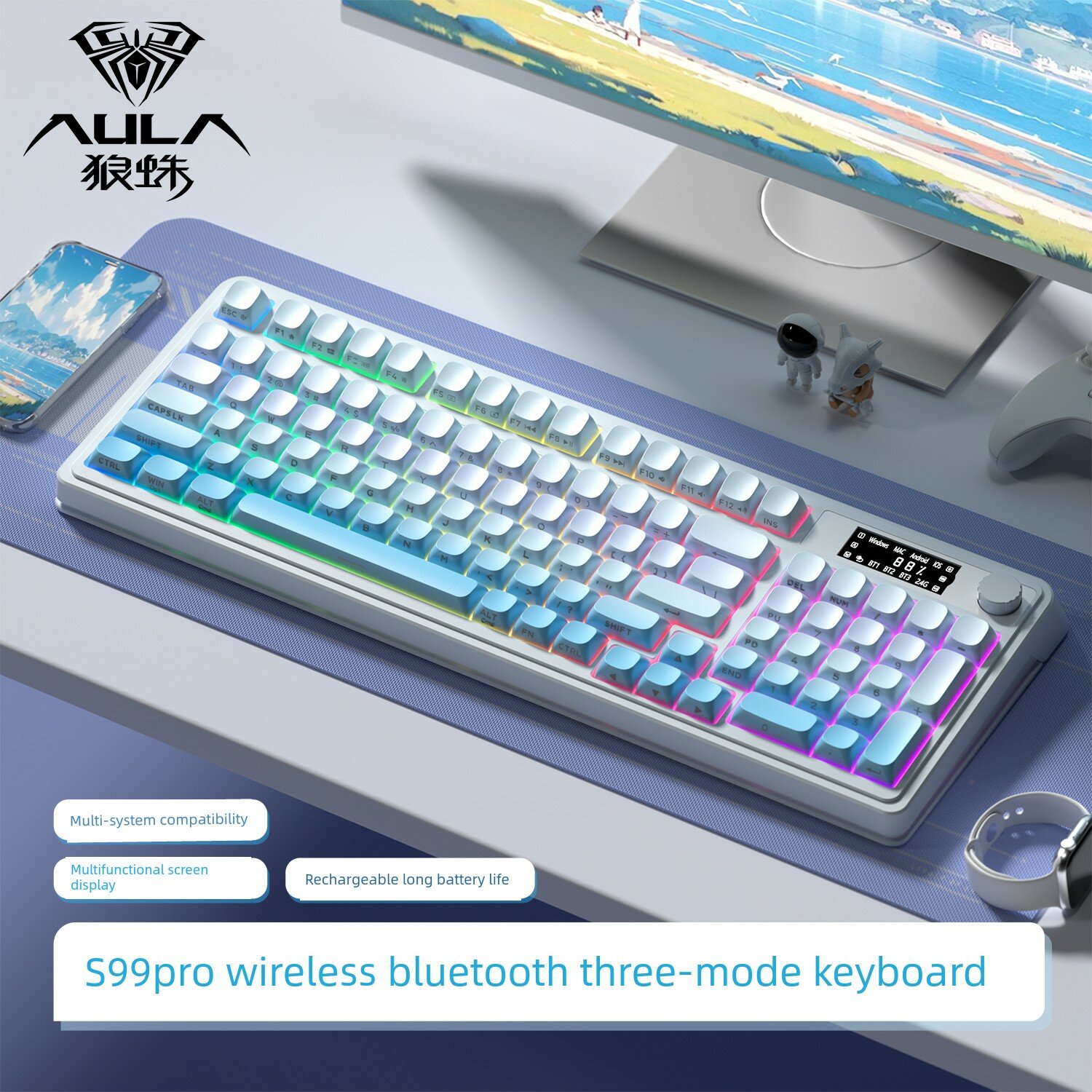Беспроводная Bluetooth-клавиатура Wolf Spider S99 с тремя режимами подключения, подсветкой, звуком, механическим