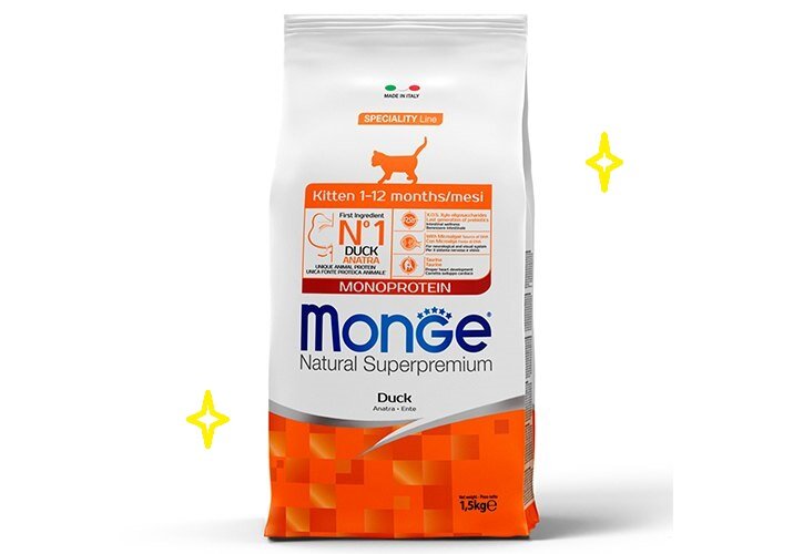 Сухой корм для Котят Mоngе Кitten Duck Monoprotein, с Уткой, для котят и беременных кошек 1,5 кг