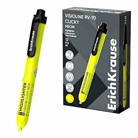 Текстовыделитель Erich Krause автоматический, Visioline RV-70 Clicky Neon, желтый 65578