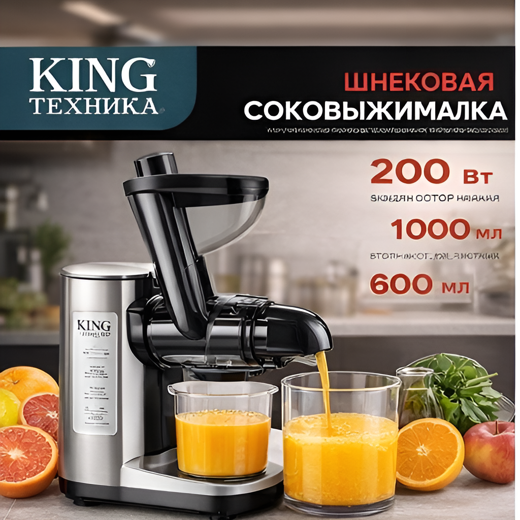 Шнековая соковыжималка KING Technika с холодным отжимом, реверсом и максимальным выходом сока