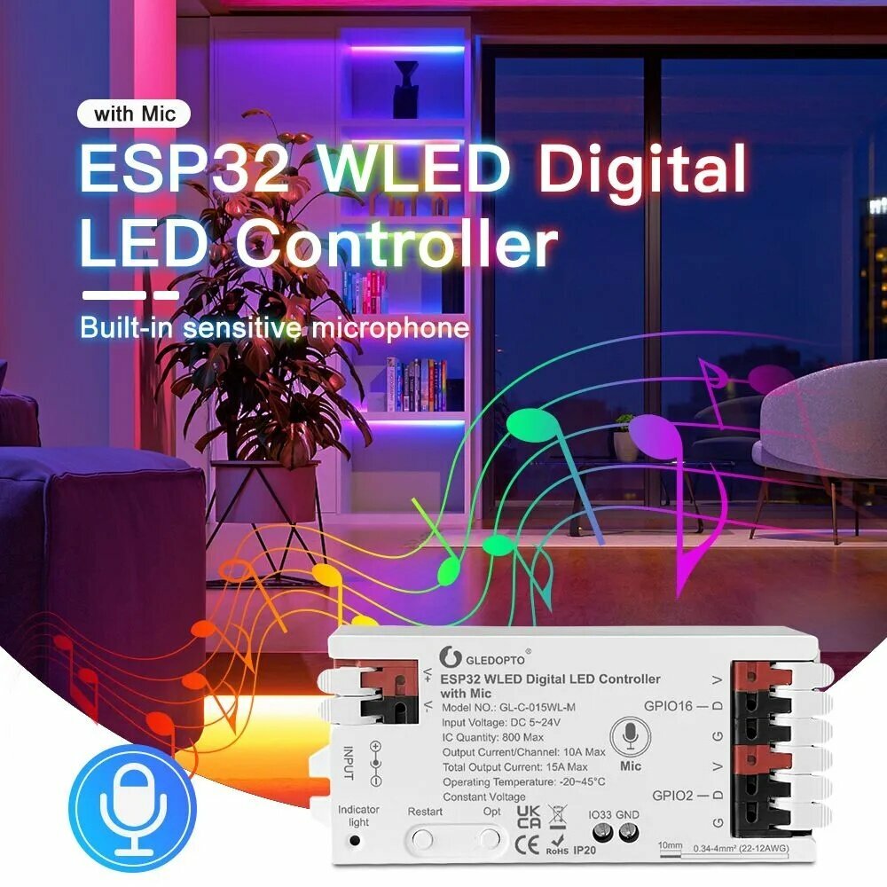 GLEDOPTO ESP32 WLED контроллер с микрофоном для музыки, динамическая RGB лента, DIY, управление через приложение, совместим с WS2811 WS2812 SK6812 TM1814 WS2813 WS2815