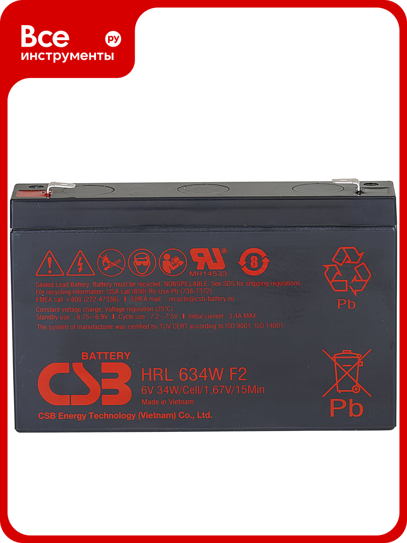 Аккумулятор CSB HRL634W F2 для ИБП, 6В, 9Ач, AGM, размеры 150x95x34 мм, вес 1.32 кг, прямая полярность, Max ток заряда