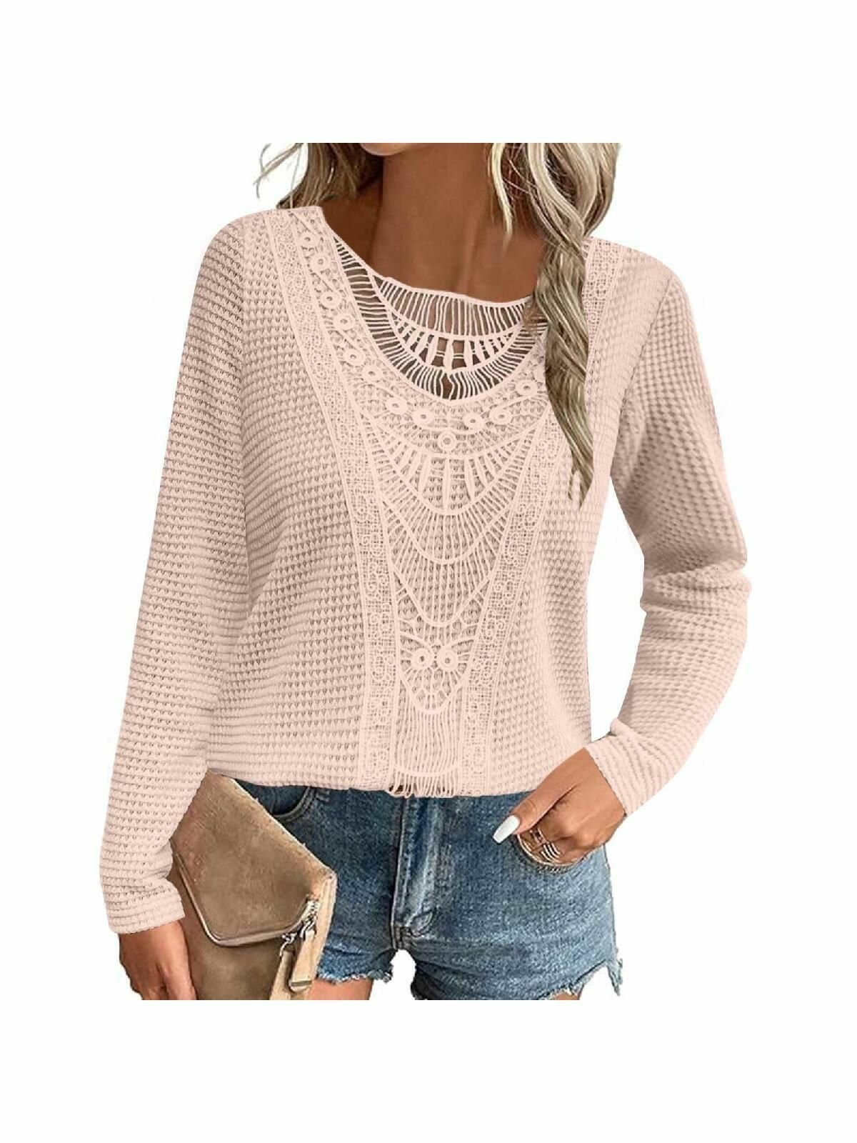 Женская кружевная кофта с длинным рукавом, Розовый - M