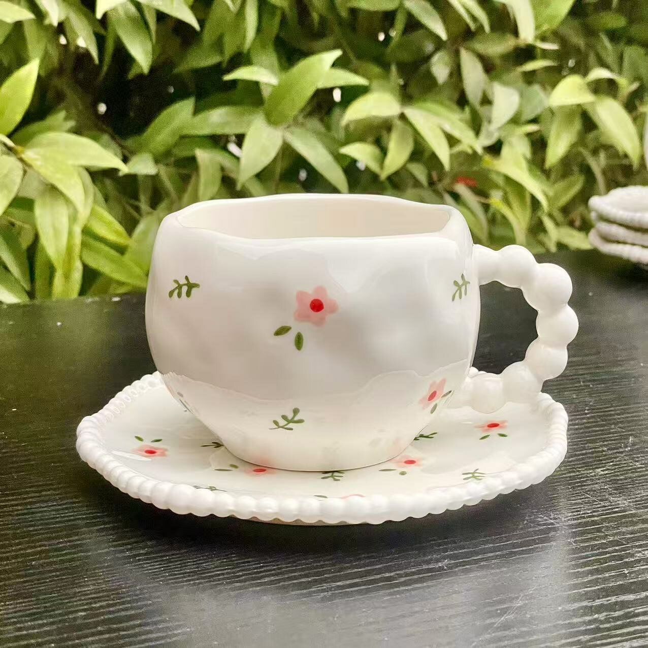 Корейский стиль Ins стиль девичий сердечный бисерный точечный ручной захват нерегулярная керамическая кофейная чашка с блюдцем маленькая цветочная чашка с блюдцем