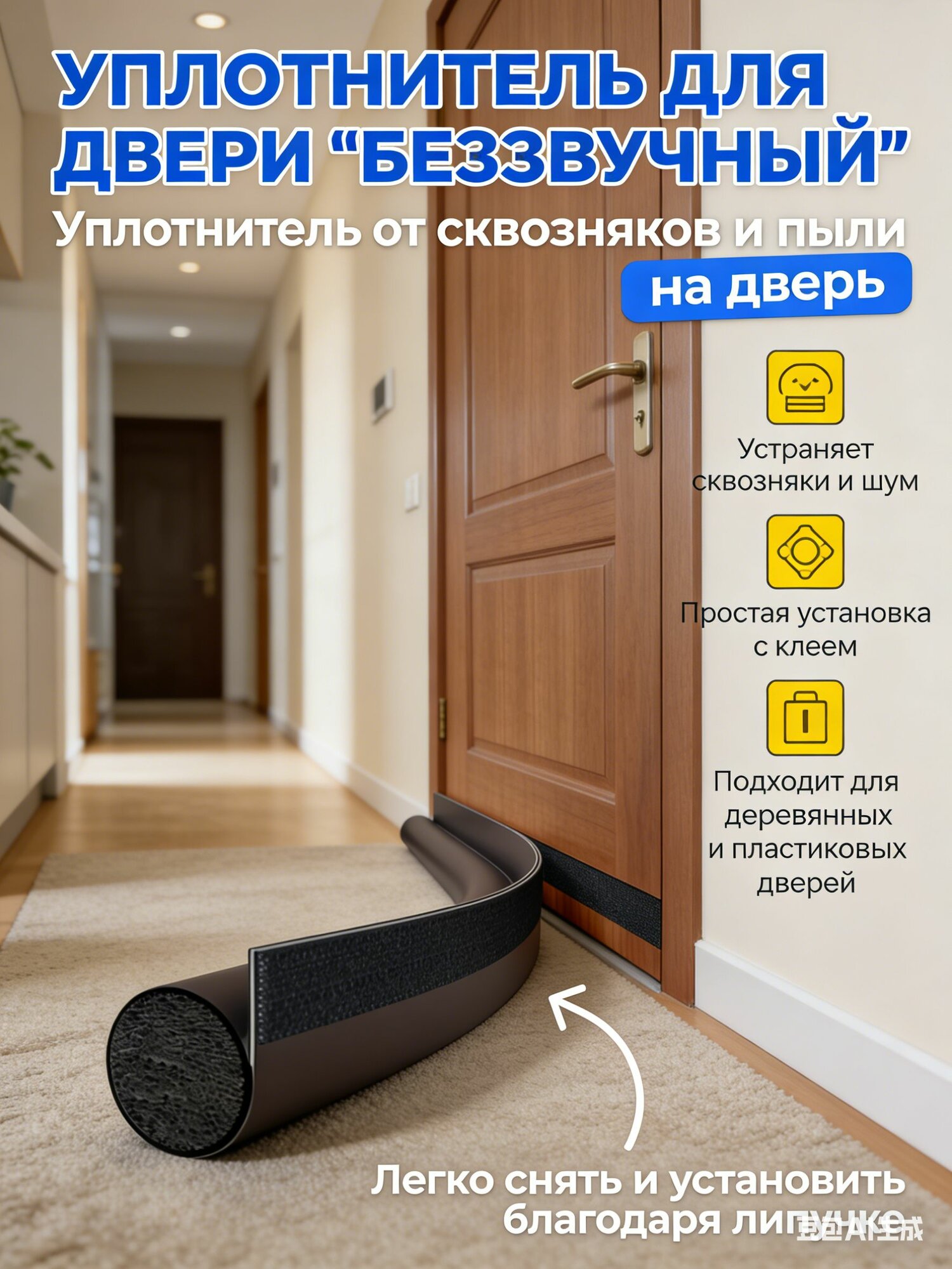 GEALFIS Самоклеющийся уплотнитель для дверей 10 м, утеплитель и шумоизоляция, защита от сквозняков, пыли, шума и насекомых, для входных и балконных дверей