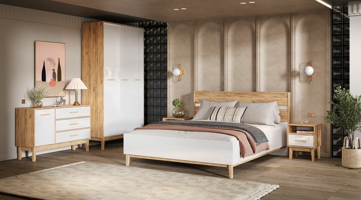 Комплект мебели для спальни Кельн, в цвете: Белый глянец, Дуб крафт