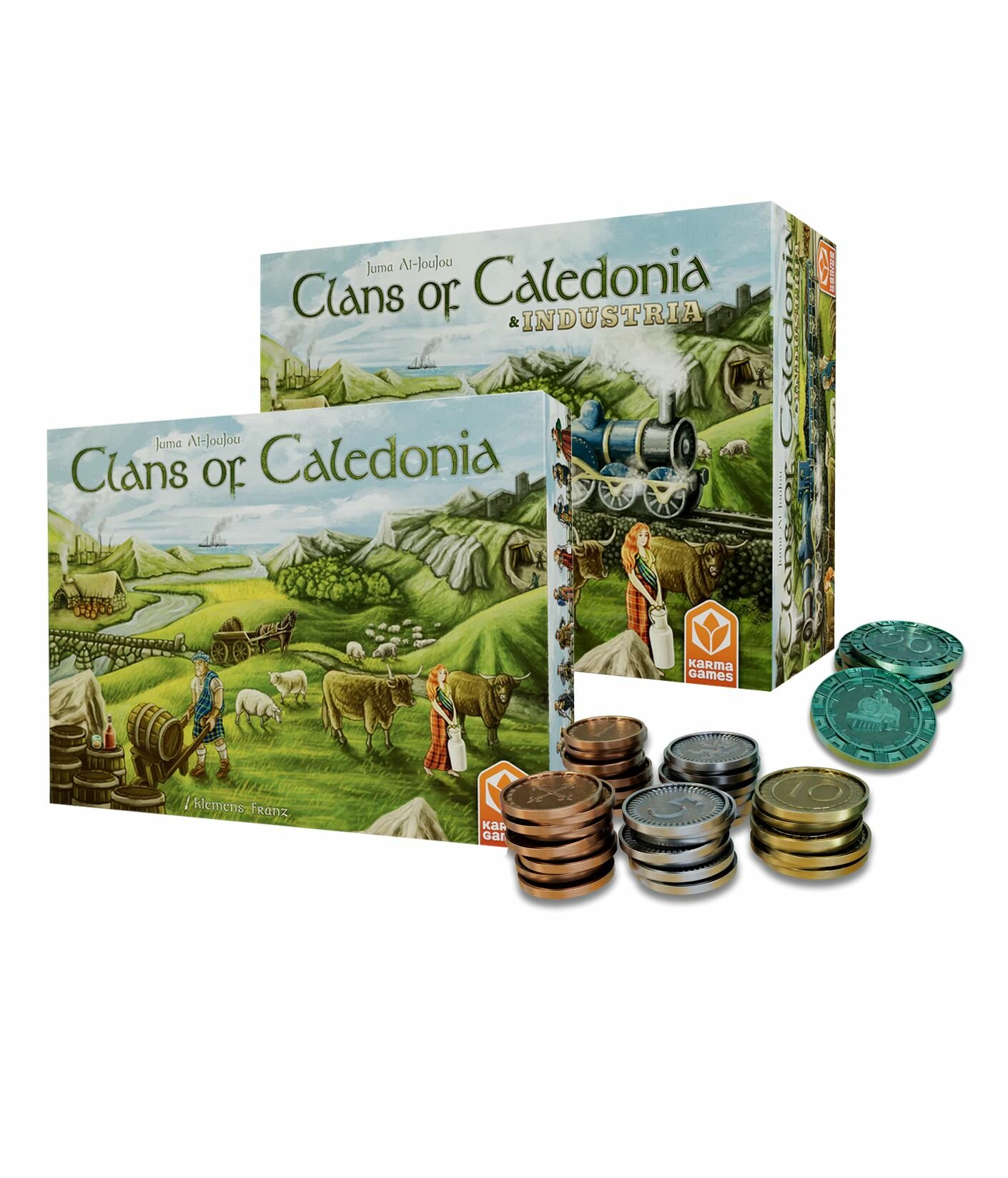 Настольная игра Clans of Caledonia (Кланы Каледонии) с дополнением Industria и металлическими монетами