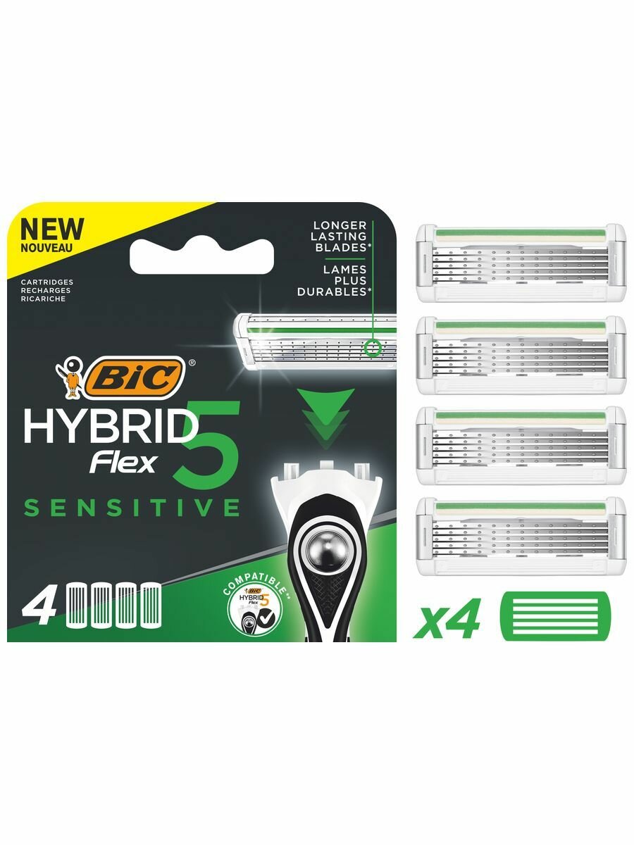 Сменные кассеты BIC Hybrid 5 Flex для чувствительной кожи, 5 нанотехнологичных подвижных лезвия, увлажняющая полоска, 4 штуки в упаковке