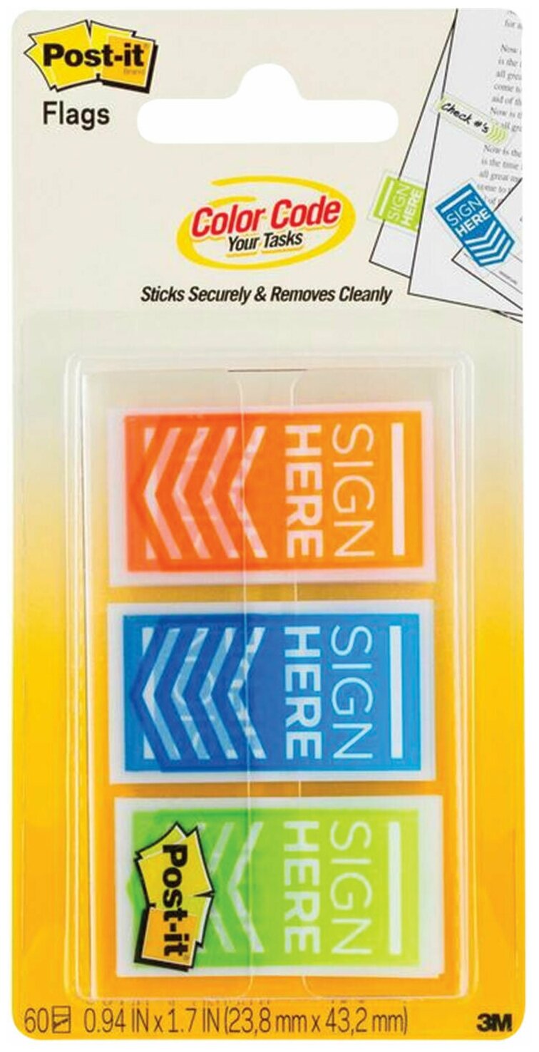 Закладки клейкие POST-IT «Поставьте Вашу подпись», пластиковые, 24 мм, 3 цвета х 20 шт, 682-SH-OBL 1 шт.