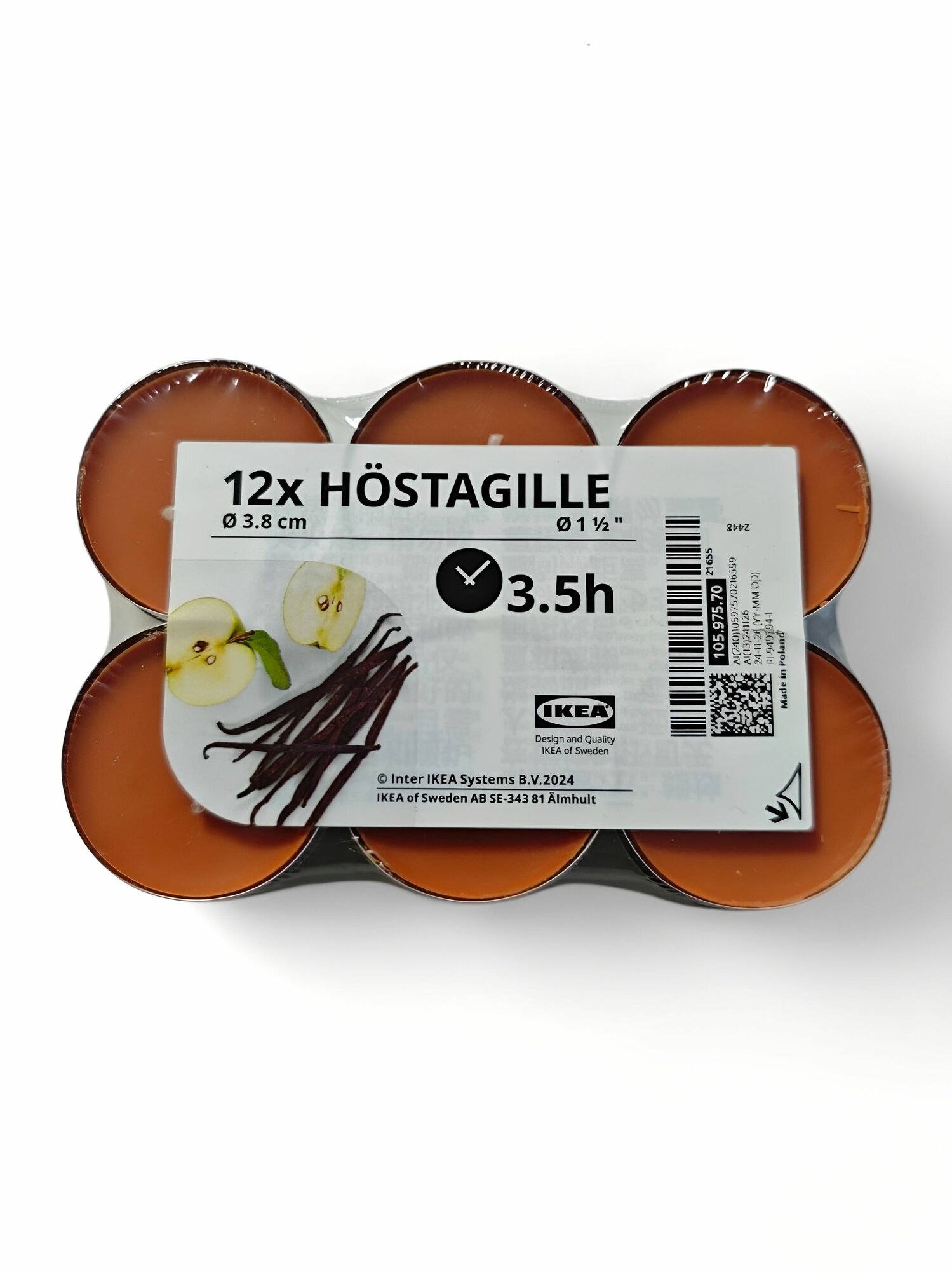 IKEA HOSTAGILLE свечи чайные, аромат яблочного пирога/корицы, время горения 3,5ч.