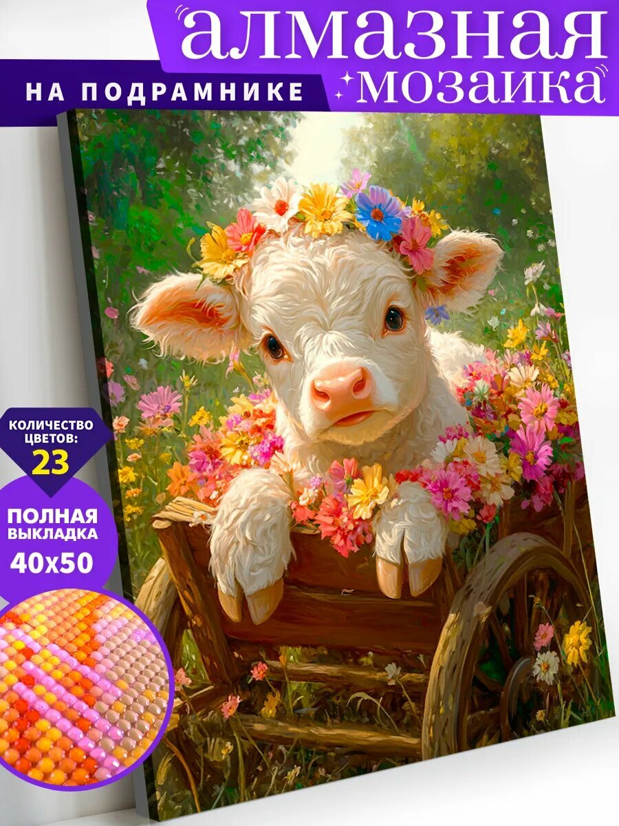 Милый телёнок Алмазная мозаика на подрамнике 40х50 см