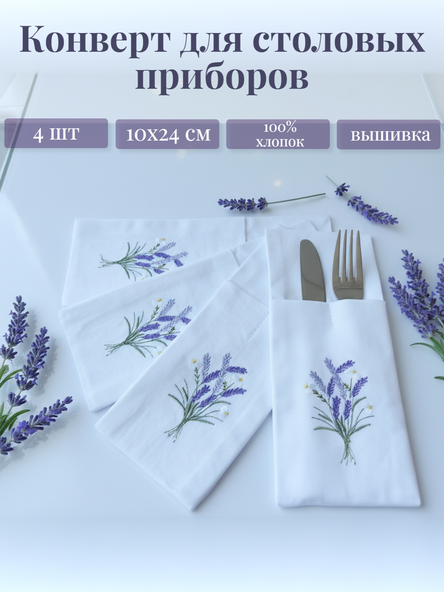Конверт для столовых приборов Felante с вышивкой "Лаванда" 10х24 см, 100% хлопок 4 шт.