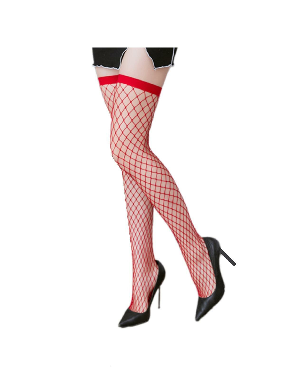 Женские чулки-сетка до бедра, красный