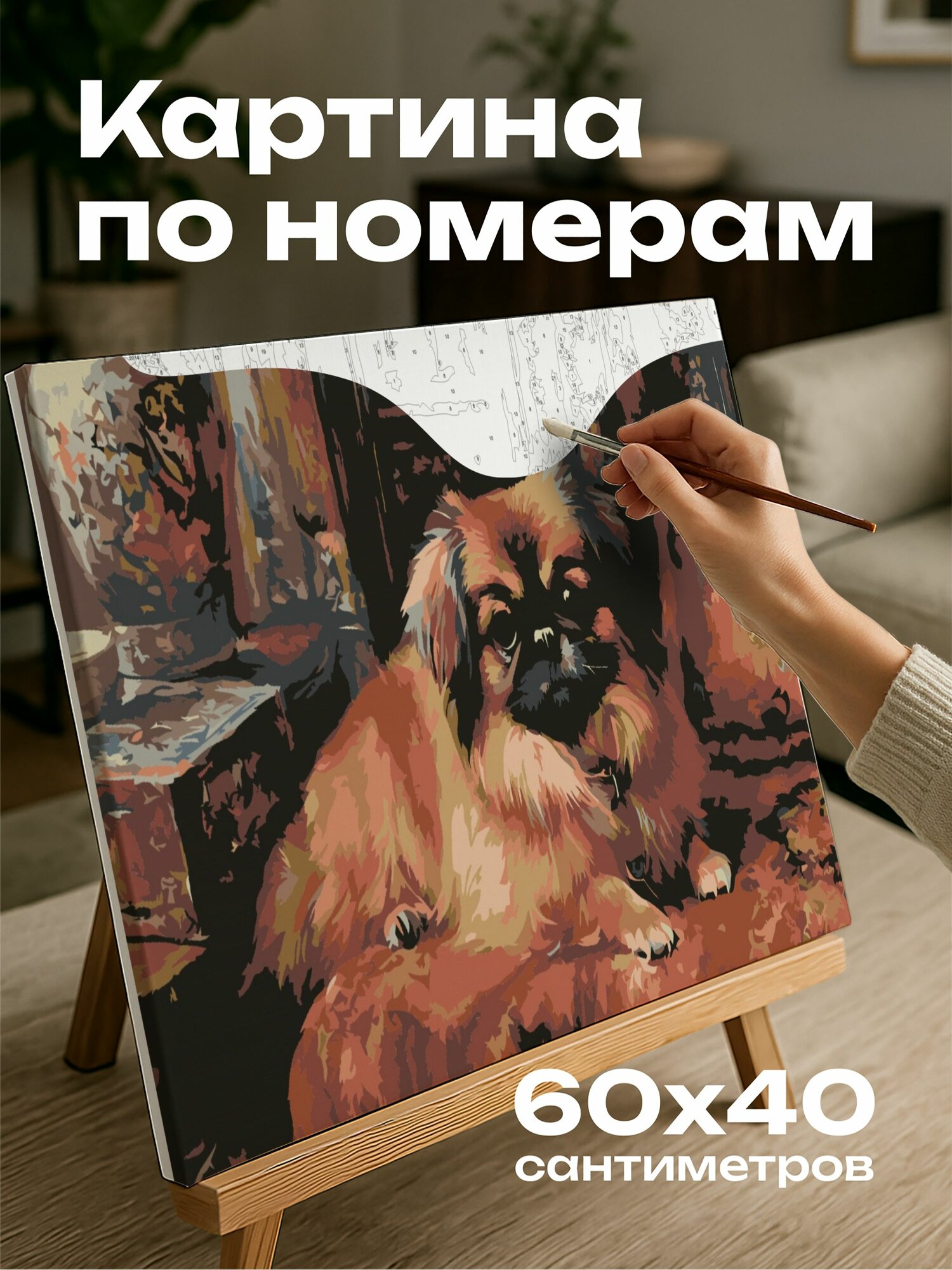 Картина по номерам 60x40 см, Пекинес, масляная картина, традиционный китайский ст, насыщенные краски, яркие цвета