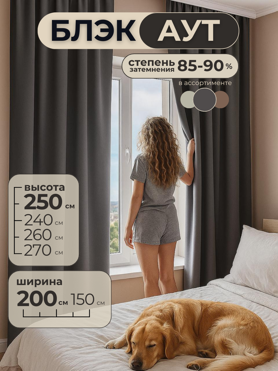 Шторы IRIS "Blackout", светонепроницаемые, блэкаут, 200x250 см, 2 шт. Серый
