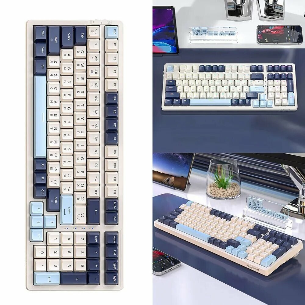 Клавиатура Механическая клавиатура, три режима подключения (Bluetooth/2.4G/проводное), 100 клавиш, 18 световых эффектов, белый, синий