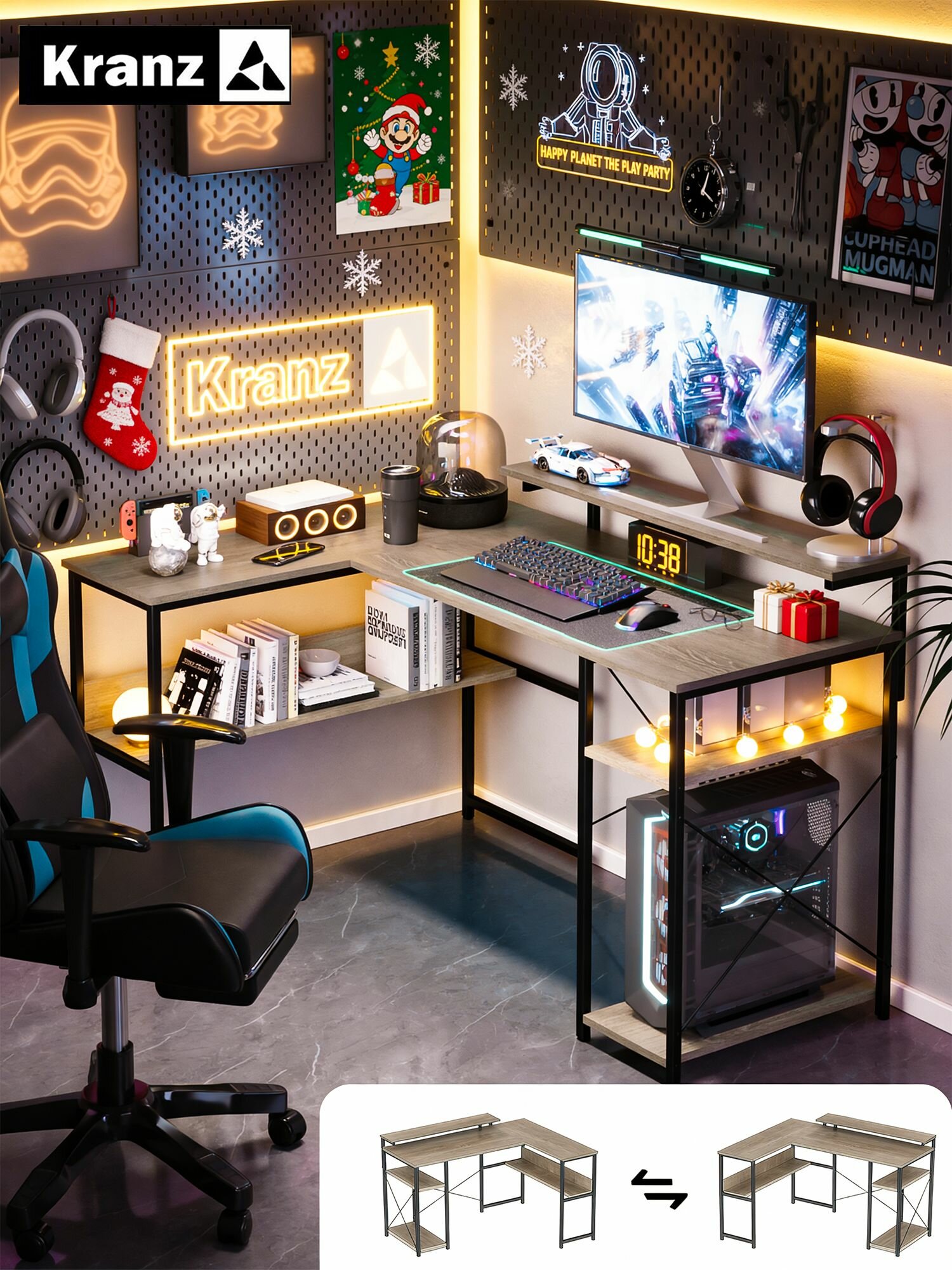 KRANZ L-образный стол компьютерный/игровой стол 102+137cm С полкой для хранения и подставкой для монитора X002-QXM