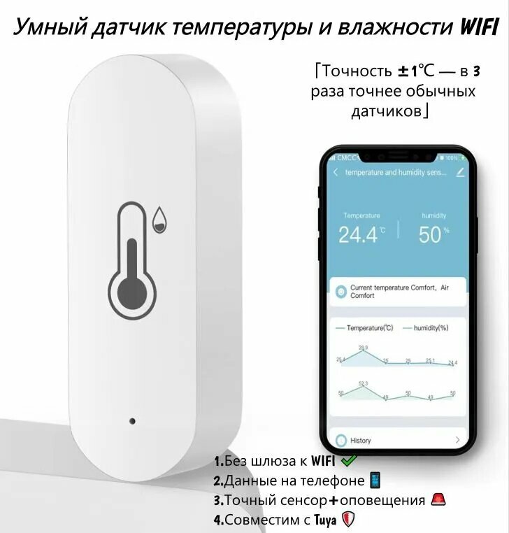 WiFi умный термометр и гигрометр, датчик влажности с дистанционным уведомлением и напоминанием о приложении, белый